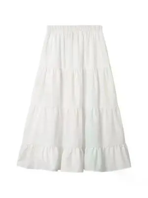 TOUT A COUP Tiered Drawstring Midi Skirt - White