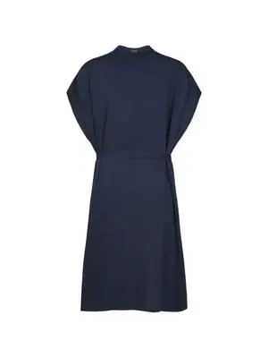 Herno Belted Midi Dress With High Neck And Short Sleeves - Blue