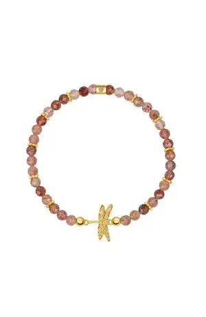 KARMA AND LUCK Strawberry Quartz Dragonfly Charm Beaded Bracelet - Pink/gold