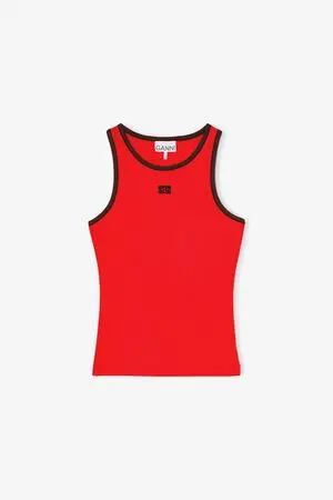GANNI Ribbed Logo Tank Top - Red