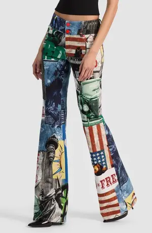 Alice + Olivia Kai Low Rise Flare Patchwork Jeans