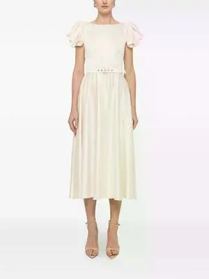 NISSA Belted Puff-sleeve Midi Dress - Neutrals
