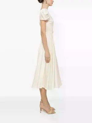 NISSA Belted Puff-sleeve Midi Dress - Neutrals