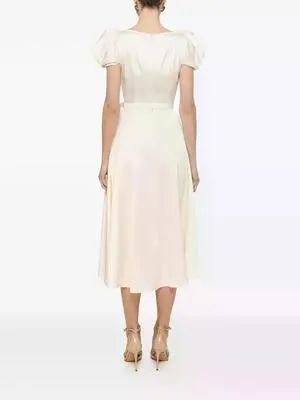 NISSA Belted Puff-sleeve Midi Dress - Neutrals