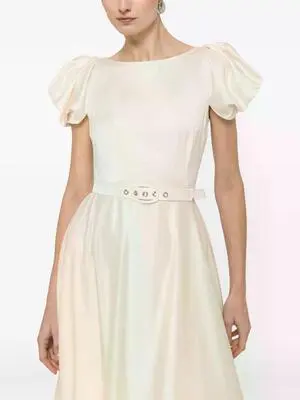 NISSA Belted Puff-sleeve Midi Dress - Neutrals