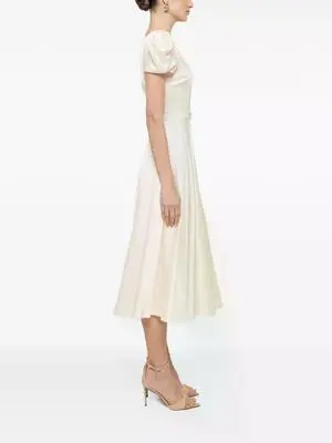 NISSA Belted Puff-sleeve Midi Dress - Neutrals