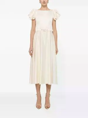 NISSA Belted Puff-sleeve Midi Dress - Neutrals