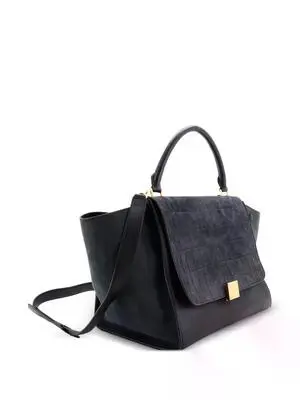 Celine Trapeze Crocodile Embossed Nubuck Medium Shoulder Bag - Black