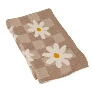 STORIED HOME Cotton Knit Baby Blanket With Daisies And Check Pattern - Tan