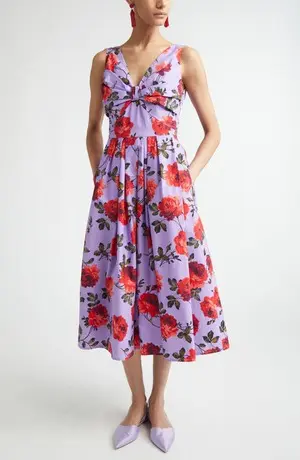 Carolina Herrera Rose Print Stretch Poplin A-line Midi Dress