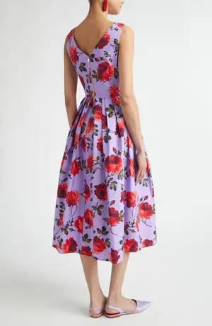 Carolina Herrera Rose Print Stretch Poplin A-line Midi Dress