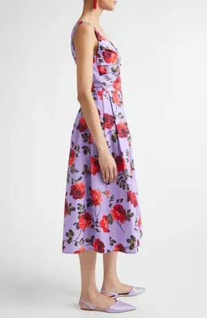 Carolina Herrera Rose Print Stretch Poplin A-line Midi Dress