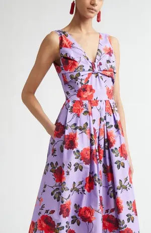 Carolina Herrera Rose Print Stretch Poplin A-line Midi Dress