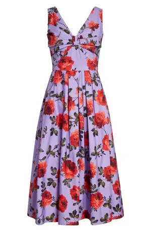 Carolina Herrera Rose Print Stretch Poplin A-line Midi Dress