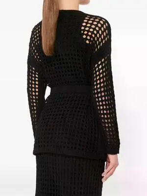 Max Mara Belted Open Knit Cotton Cardigan - Black