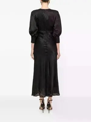 NISSA Puff-sleeve Midi Dress With Floral Pattern - Black