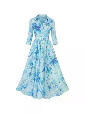 Samantha Sung Aster Floral Print Belted Maxi Dress - Blue