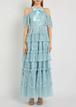 NEEDLE & THREAD Floral-embroidered Tulle Gown
