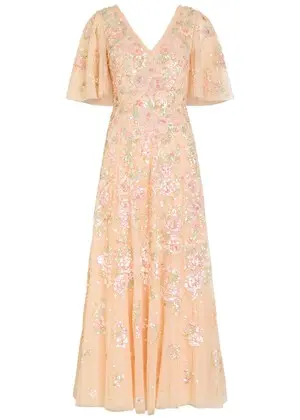 NEEDLE & THREAD Sequin Bouquet Embellished Cape-effect Tulle Gown