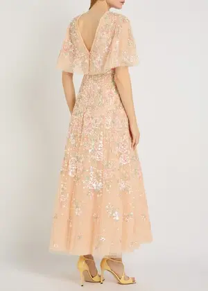 NEEDLE & THREAD Sequin Bouquet Embellished Cape-effect Tulle Gown