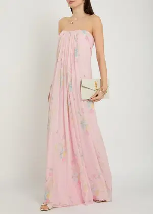 LoveShackFancy Emara Floral Strapless Chiffon Maxi Dress - Pink