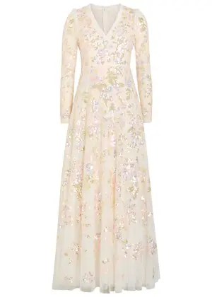 NEEDLE & THREAD Floral-embellished Tulle Gown - White