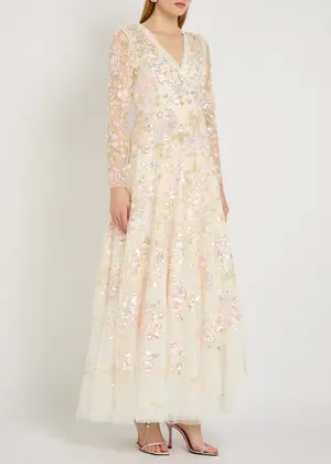 NEEDLE & THREAD Floral-embellished Tulle Gown - White