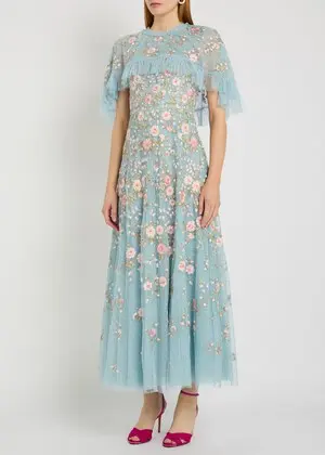 NEEDLE & THREAD Embroidered Cape-effect Tulle Gown