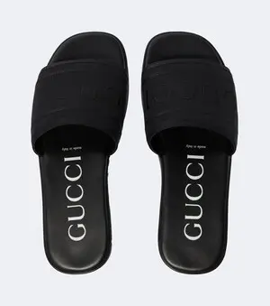 Gucci Logo Canvas And Leather Slides - Black