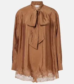 Saint Laurent Lace-trimmed Tie-neck Romper - Brown