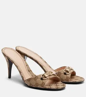 Gucci Erin Horsebit Gg Canvas Mules - Beige
