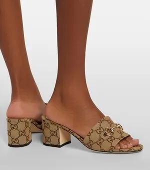 Gucci Horsebit Gg Canvas Mules - Beige
