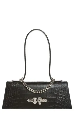 Alexander McQueen Jewelled Croc Embossed Top Handle Bag - Black/silver