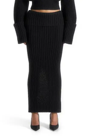Manière De Voir Lyra Knit Maxi Skirt With Foldover - Black