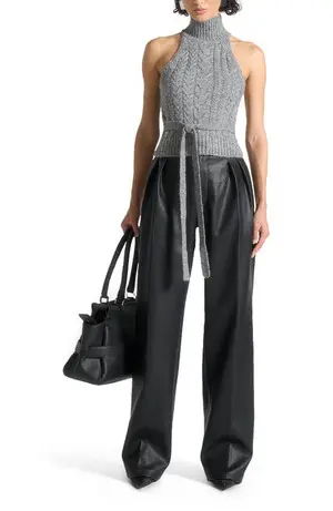 Manière De Voir Pebbled Vegan Leather Pleated Stacked Trousers