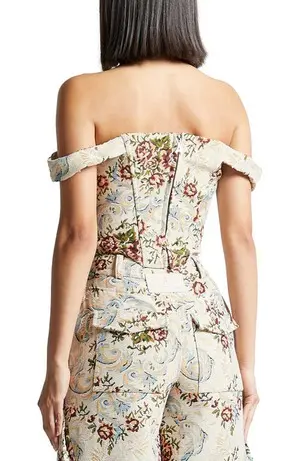 Manière De Voir Floral Jacquard Bardot Corset Top - Beige