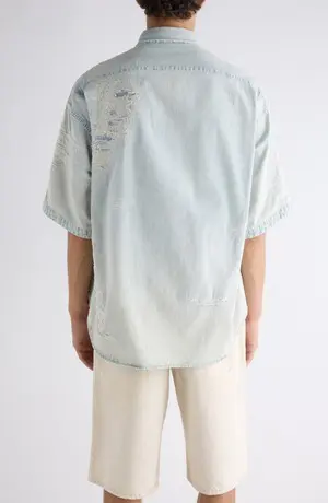 Acne Studios Setar Mending Distressed Short Sleeve Denim Button-down Shirt - Light Blue