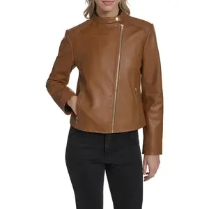 Cole Haan Band Collar Leather Racer Jacket - Hazelnut