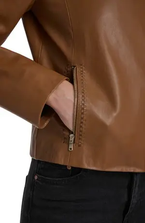 Cole Haan Band Collar Leather Racer Jacket - Hazelnut