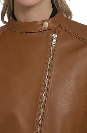 Cole Haan Band Collar Leather Racer Jacket - Hazelnut
