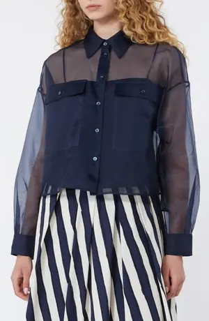 Max Mara Colomba Long-sleeve Silk Button-up Shirt - Navy