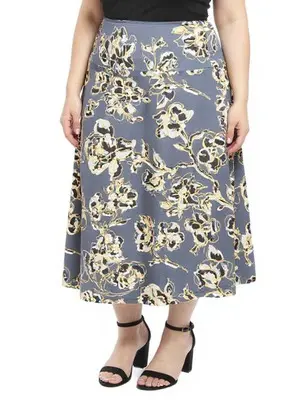 24SEVEN COMFORT APPAREL Floral Elastic Waist A-line Maxi Skirt - Grey Multi