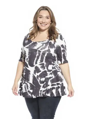 24SEVEN COMFORT APPAREL Abstract Print Scoop Neck Tunic Top - Black Multi