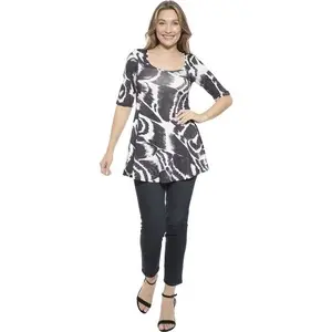 24SEVEN COMFORT APPAREL Abstract Print Scoop Neck Tunic Top - Black Multi