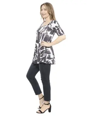 24SEVEN COMFORT APPAREL Abstract Print Scoop Neck Tunic Top - Black Multi