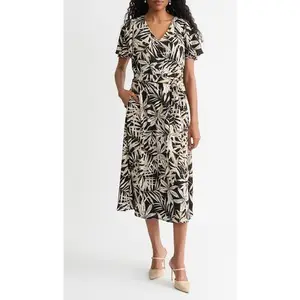 KASPER Print Flutter Sleeve Midi Dress - Black Multi