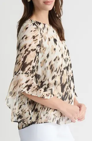 KASPER Printed Ruffle Sleeve Top - Toasted Wheat Multi