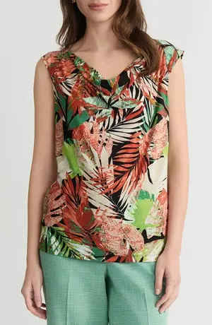 KASPER Tropical Print Cowl Neck Top - Black Multi
