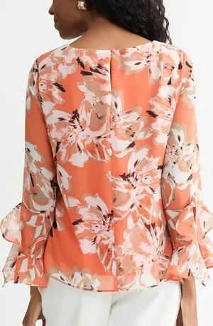 KASPER Printed Ruffle Sleeve Top - Mandarin Multi