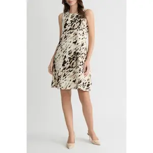 KASPER Sleeveless Abstract Print Swing Dress - Toasted Wheat Multi